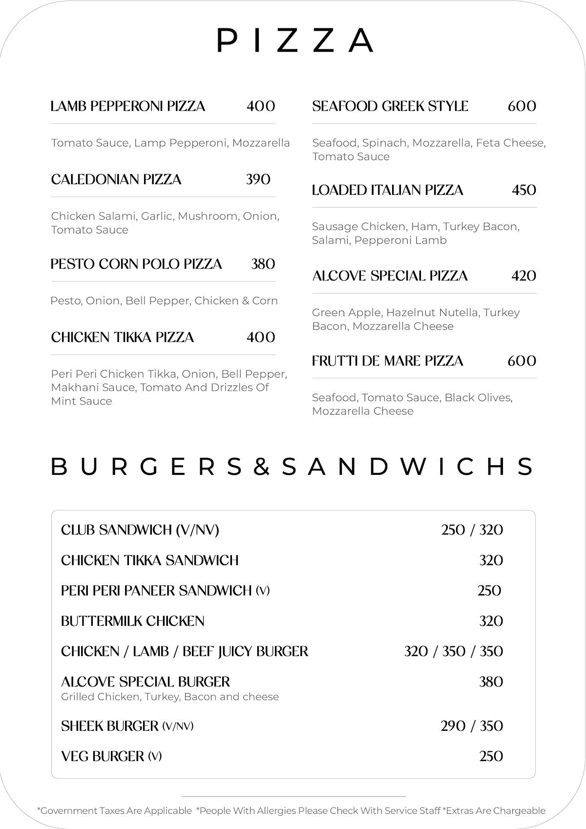 Menu at The Alcove Restobar, Chennai