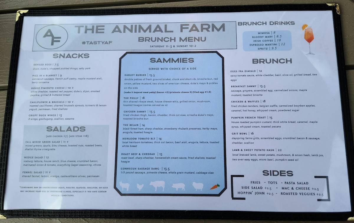 Menu at The Animal Farm restaurant, Columbus