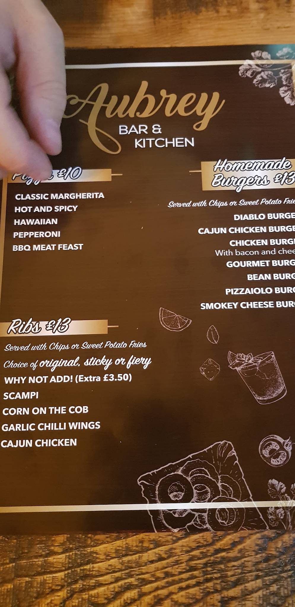 Menu at The Aubrey Arms restaurant, Ystalyfera