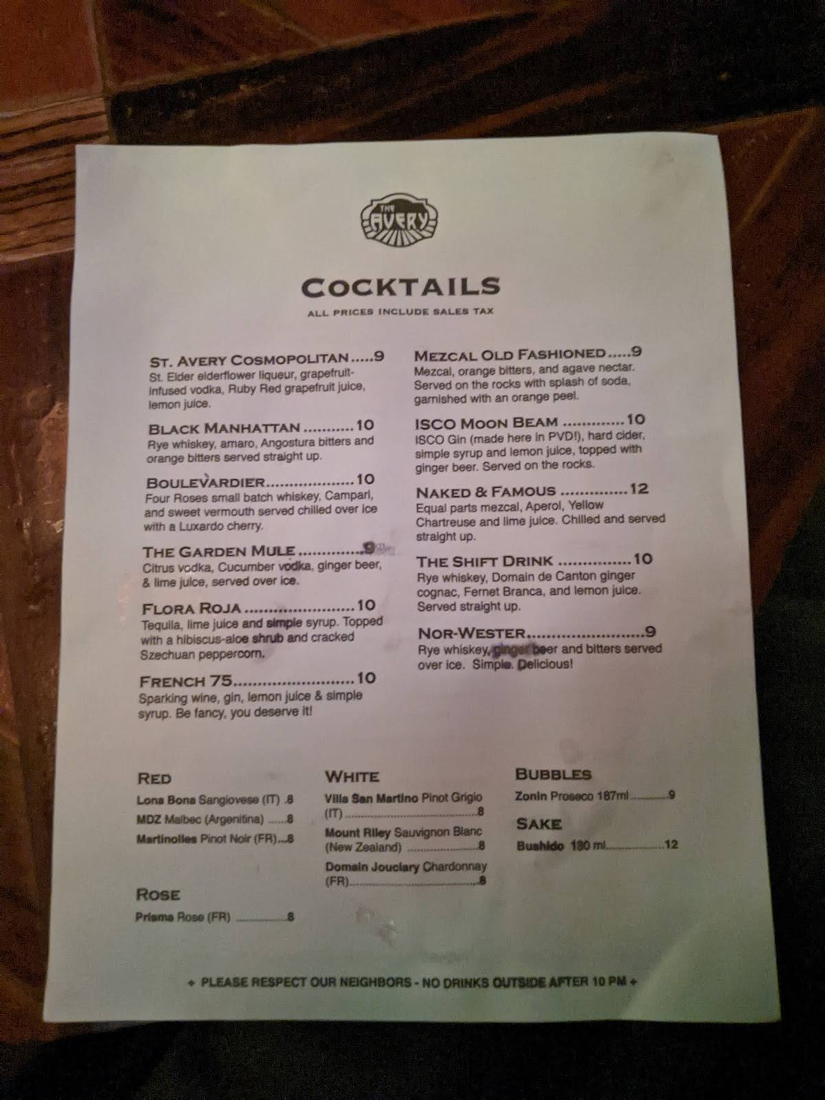 Menu at The Avery pub & bar, Providence