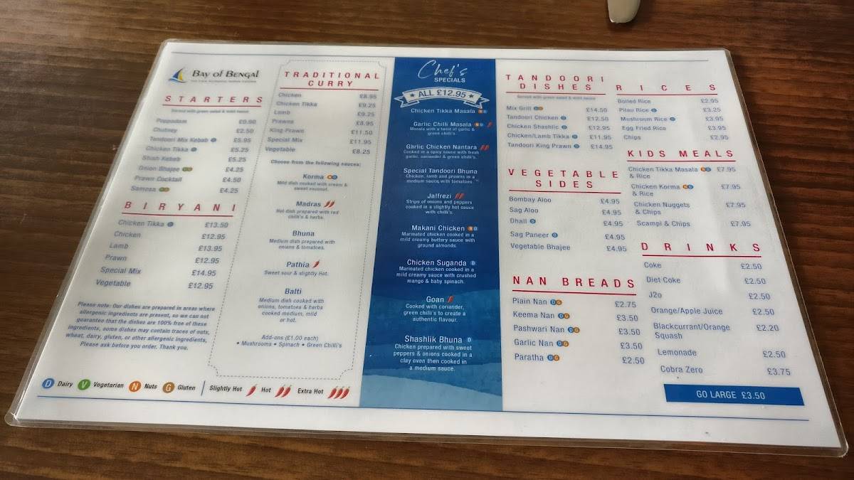 Menu at The Bay Of Bengal restaurant, Tenby