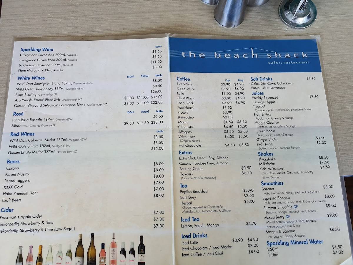 Menu at The Beach Shack Cafe, Currumbin