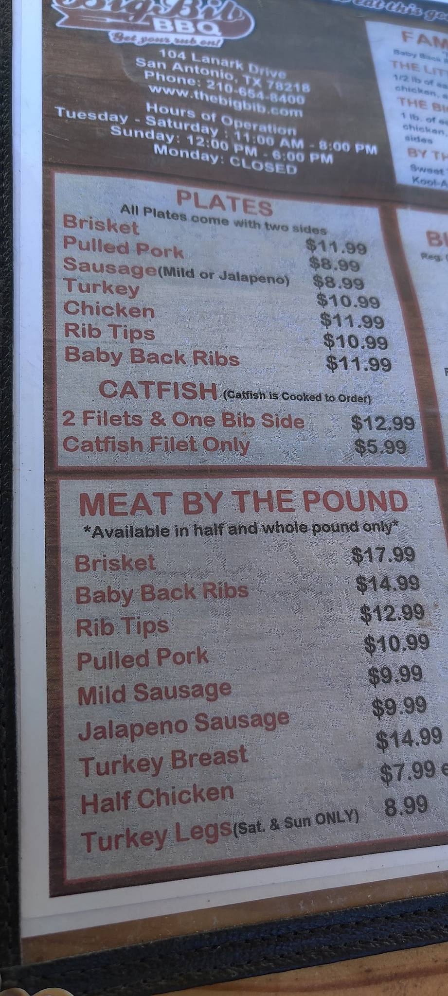 Menu at The Big Bib BBQ, San Antonio, 104 Lanark Dr