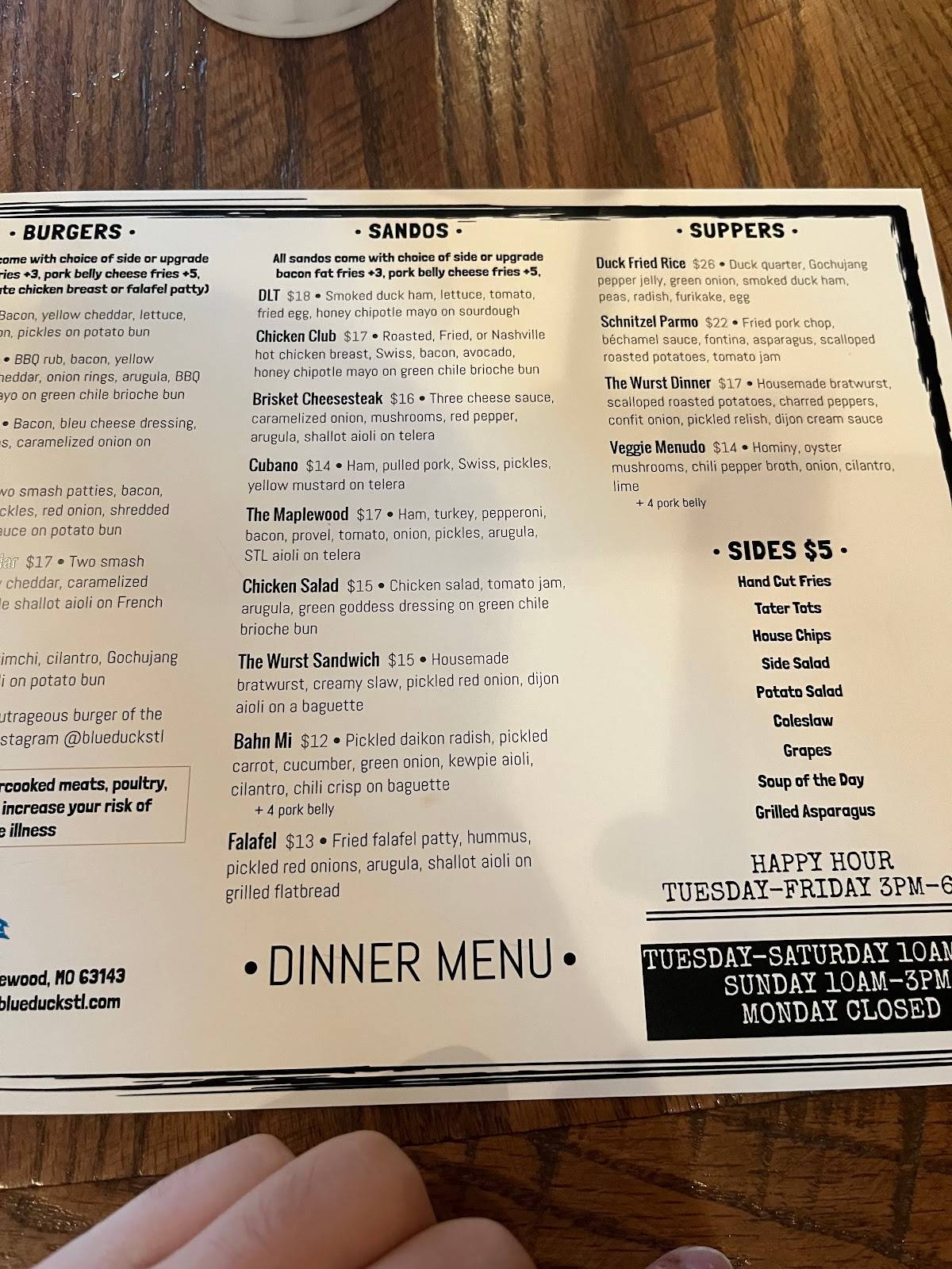 Menu at The Blue Duck restaurant, Maplewood