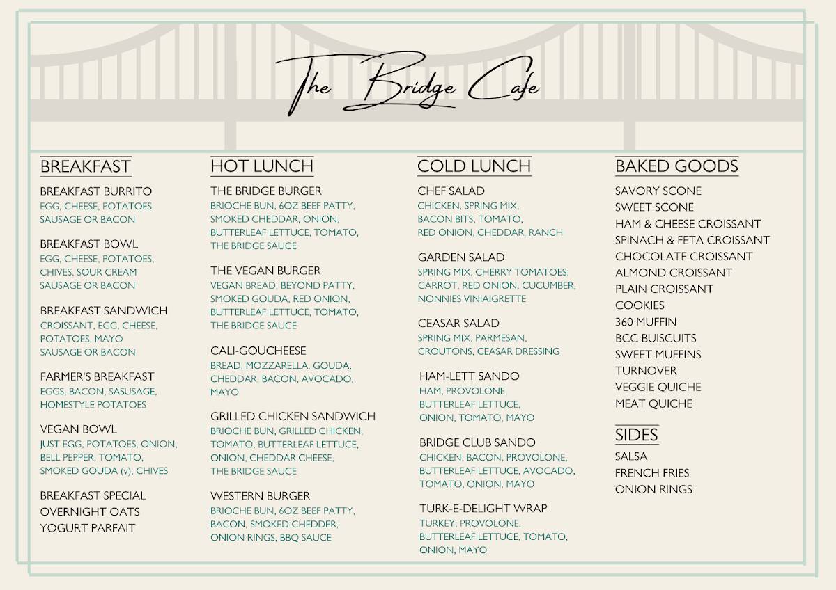 Menu at The Bridge Café cafe, San Luis Obispo