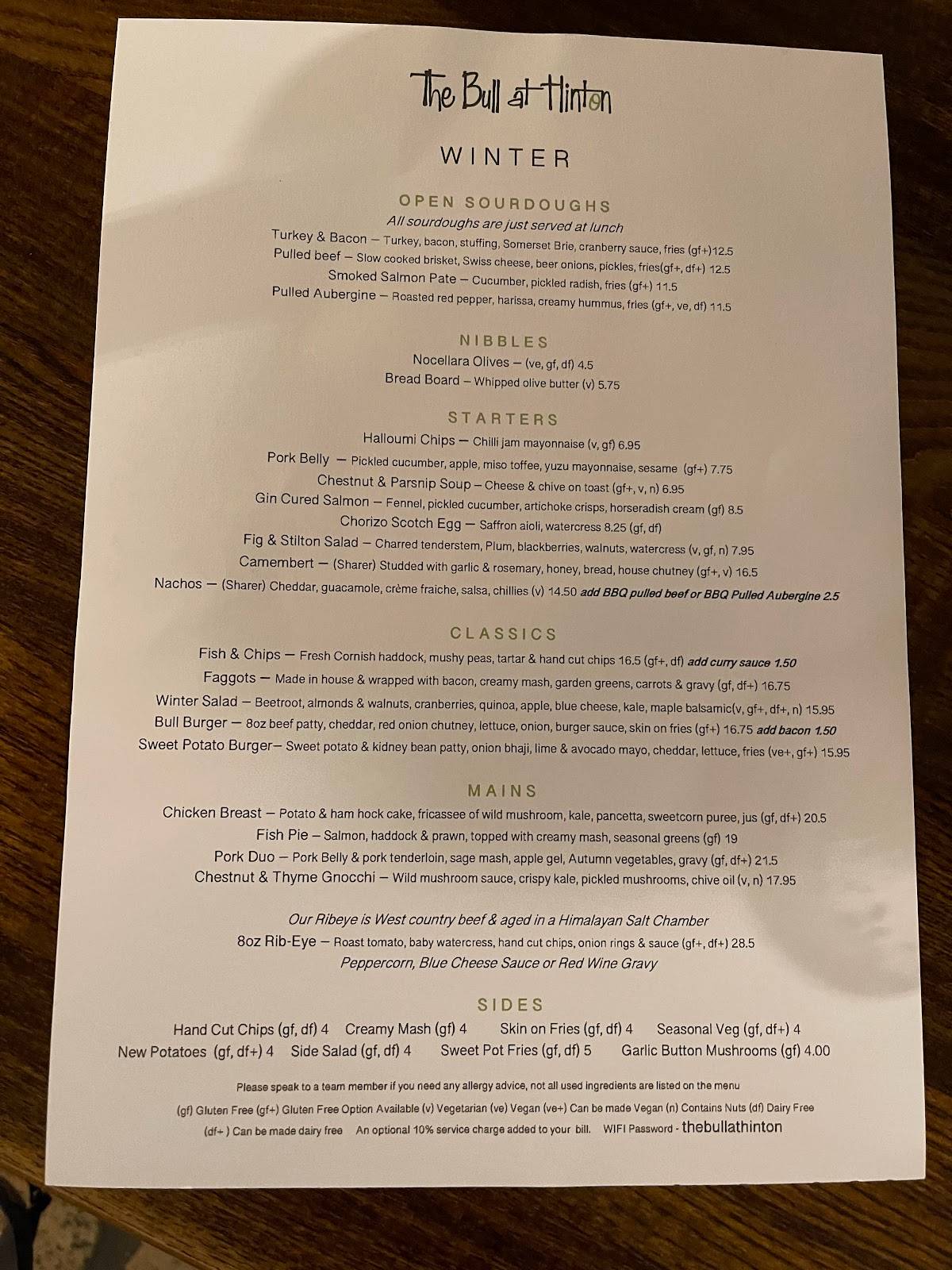 Menu at The Bull pub & bar, Dyrham and Hinton, Pucklechurch Road