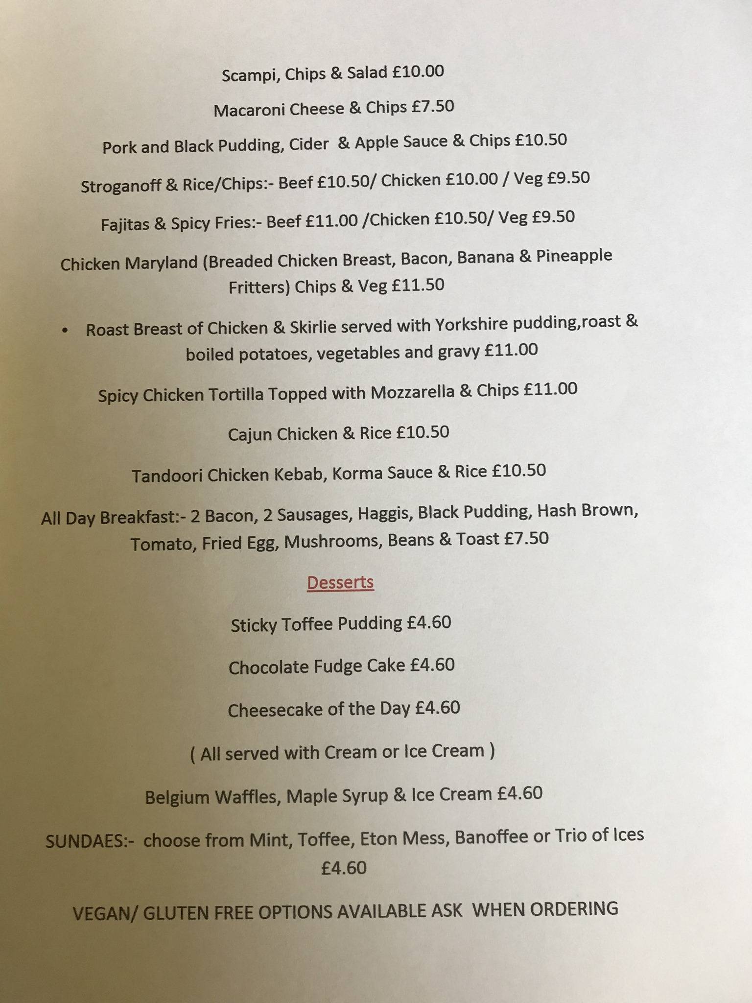 Menu at The Caledonian restaurant, Brechin