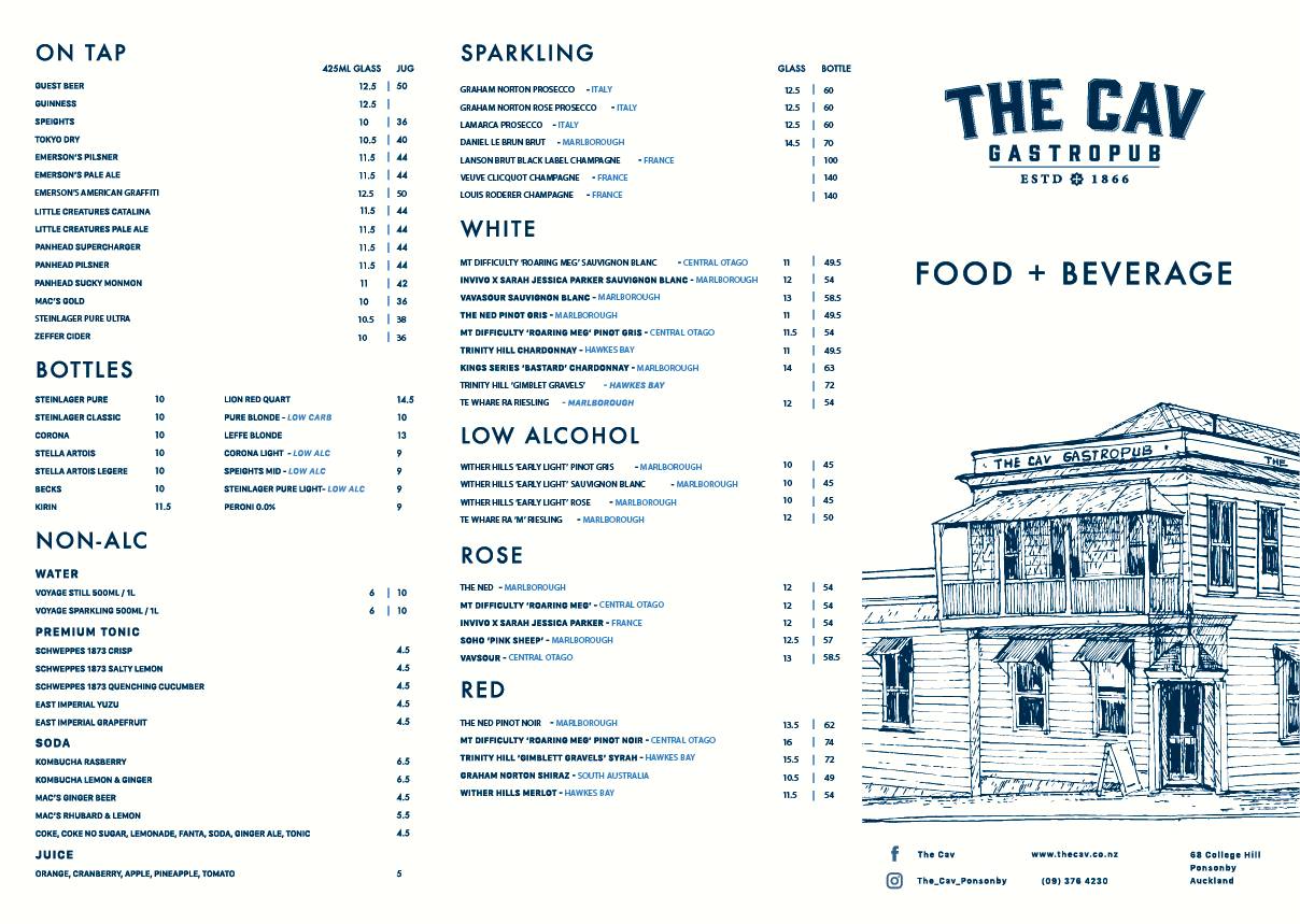 Menu at The Cav pub & bar, Auckland