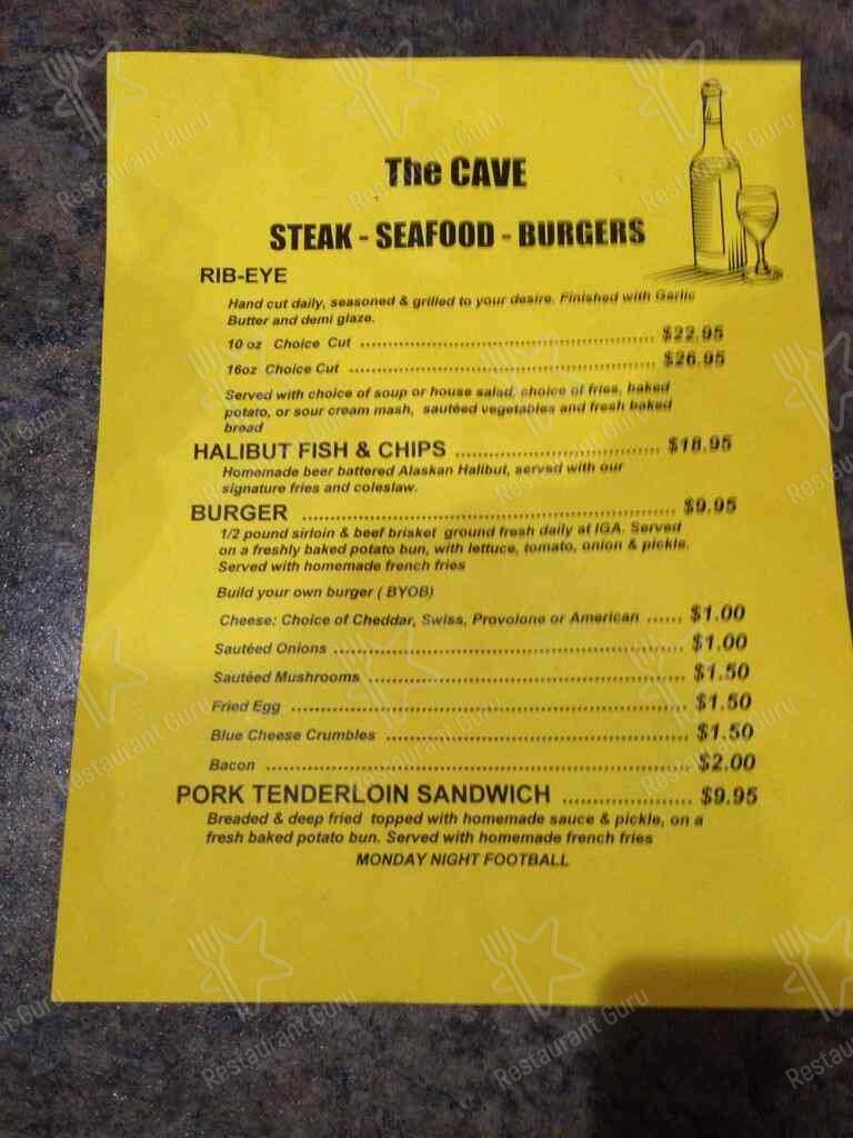 Menu at The Cave steakhouse, Delta Junction