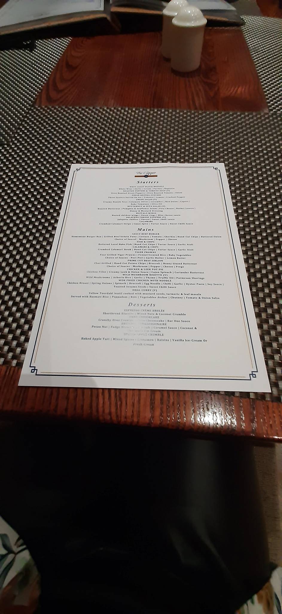 Menu at The Clipper restaurant, Cape Town