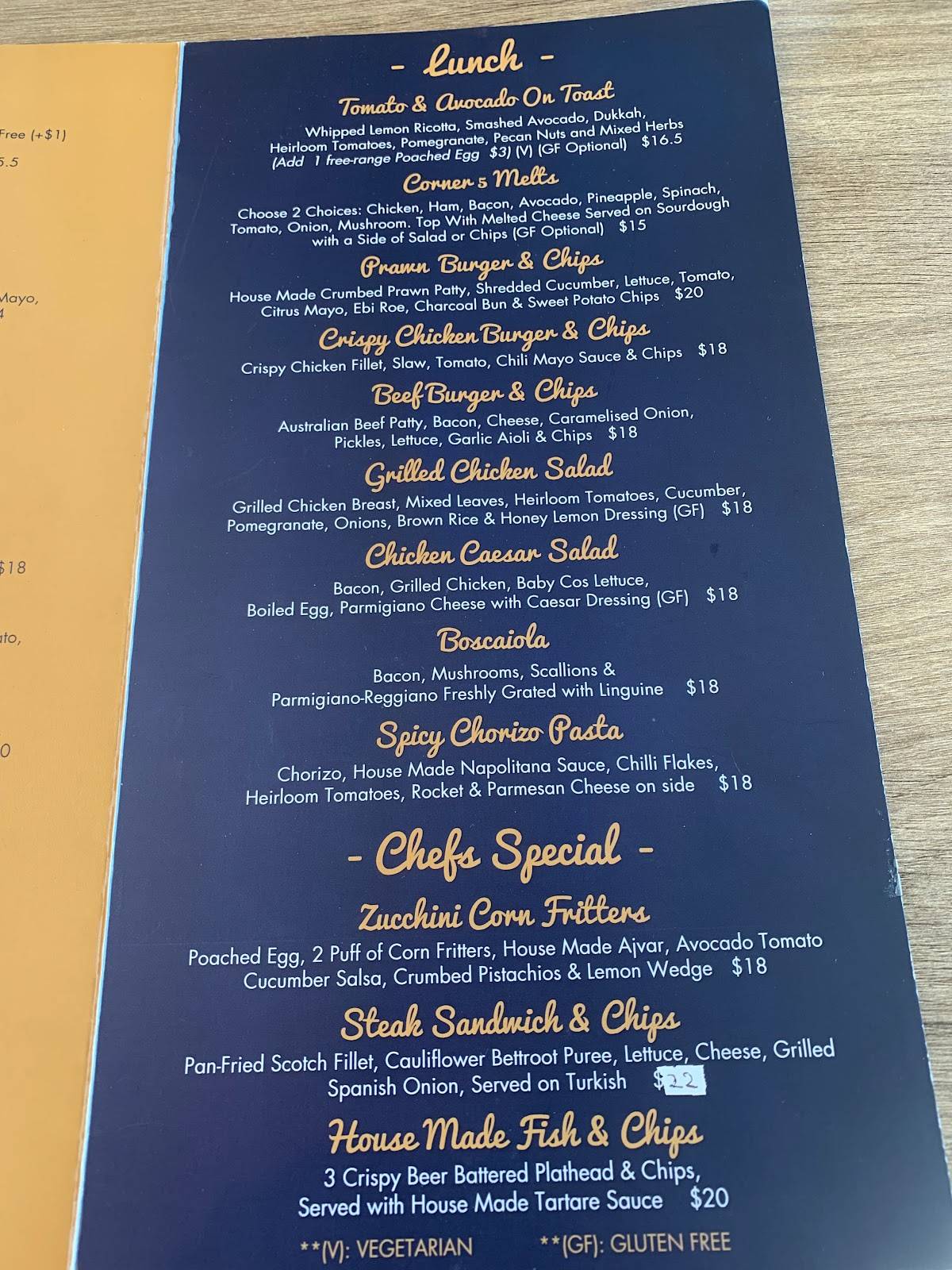 Menu at The Corner 5 Cafe, Asquith