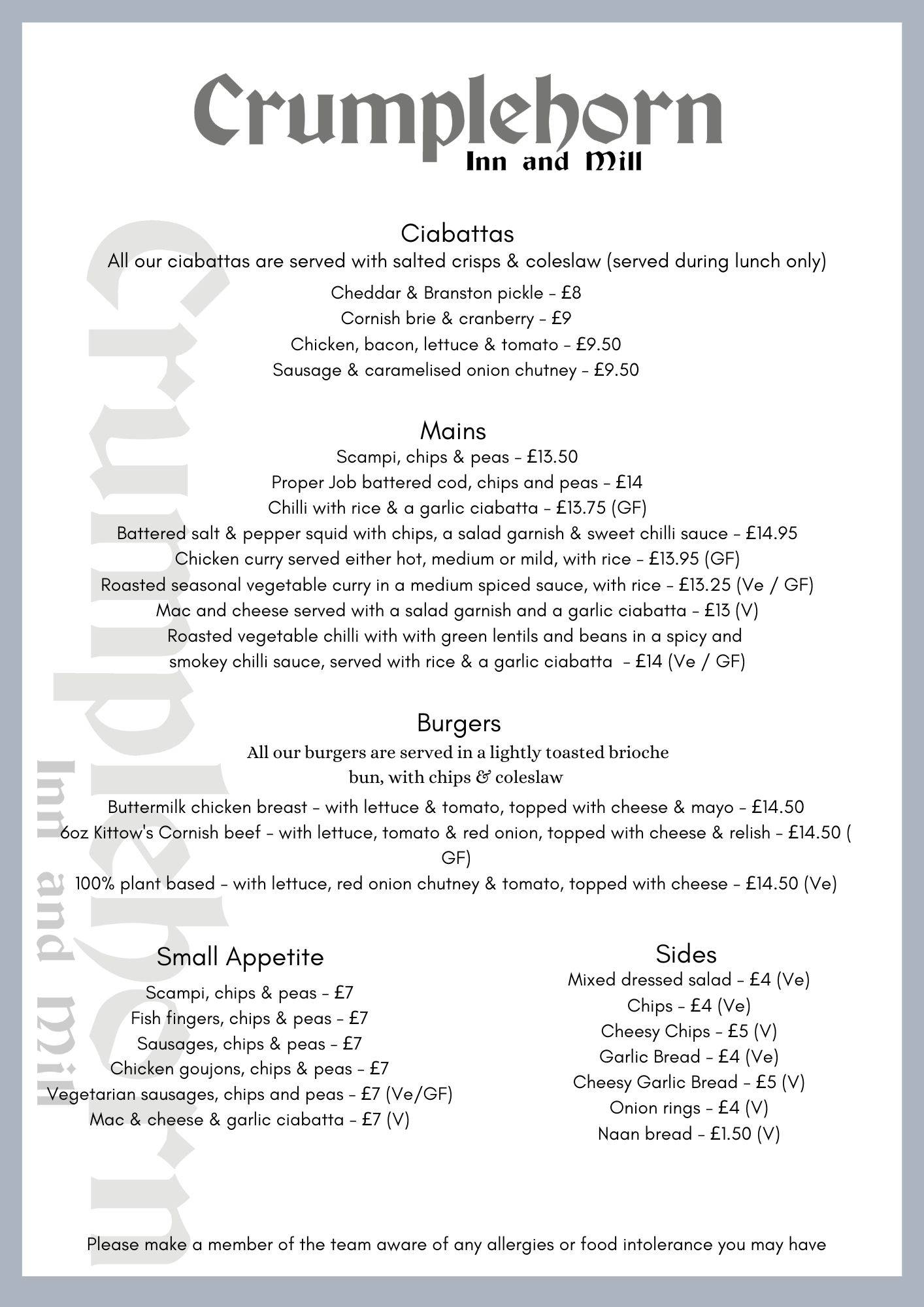 Menu at The Crumplehorn Inn & Mill pub & bar, Polperro