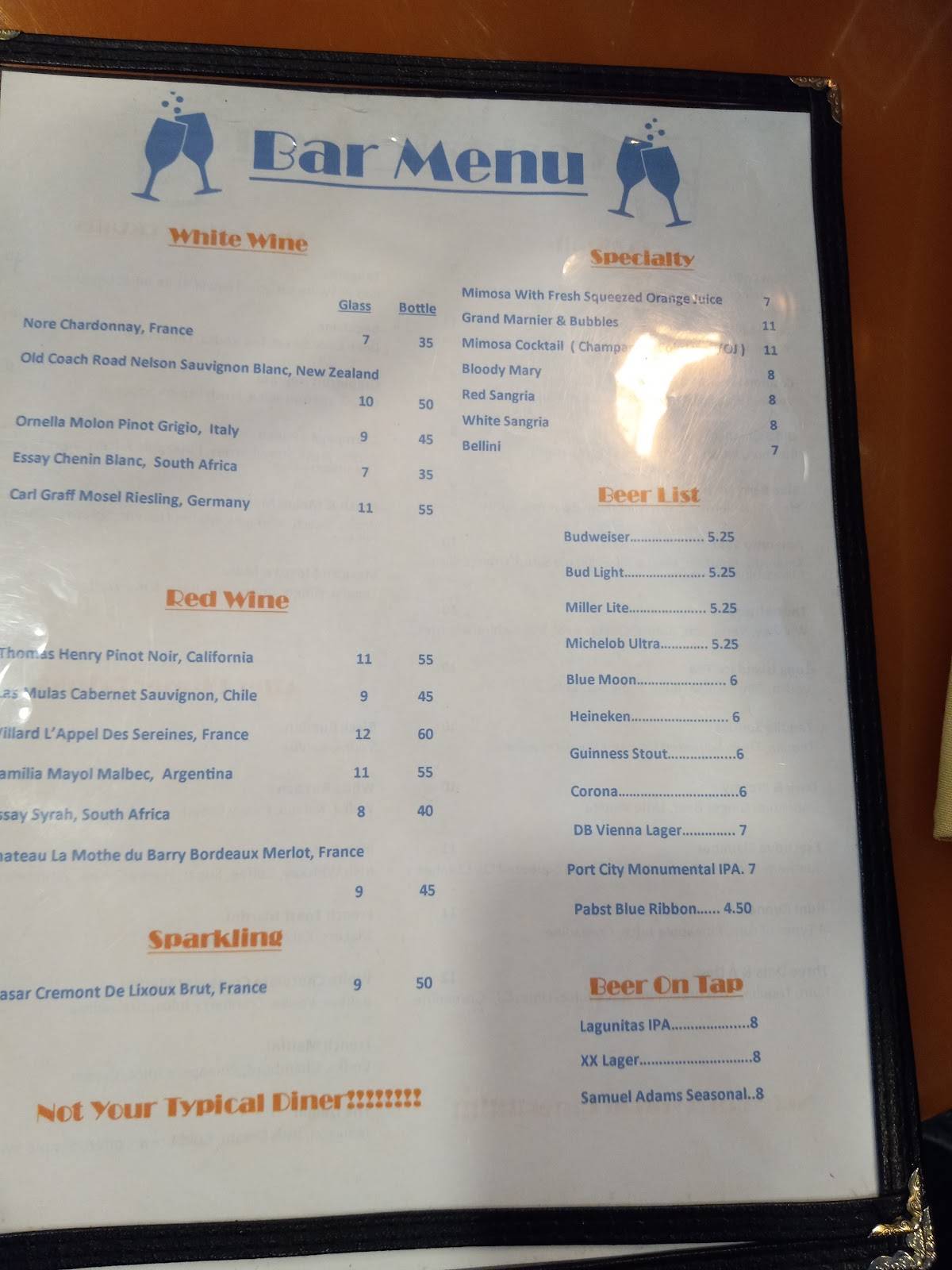 Menu at The Executive Diner restaurant, Alexandria