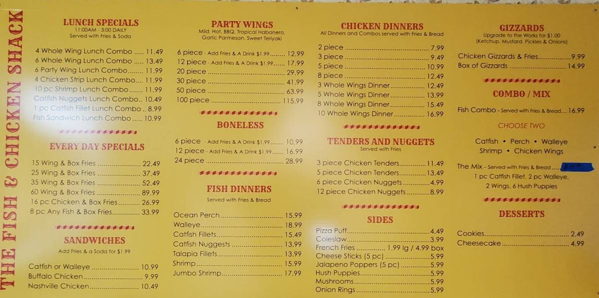 Menu at The Fish and Chicken Shack restaurant, Fargo
