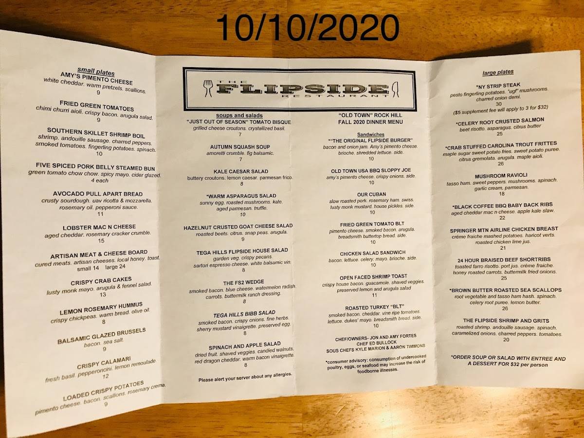 Menu at The Flipside Restaurant, Rock Hill