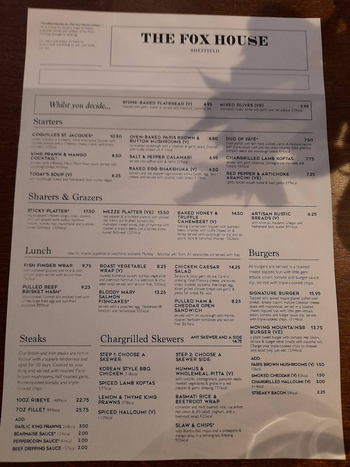 Menu at The Fox House pub & bar, Sheffield, Longshaw House