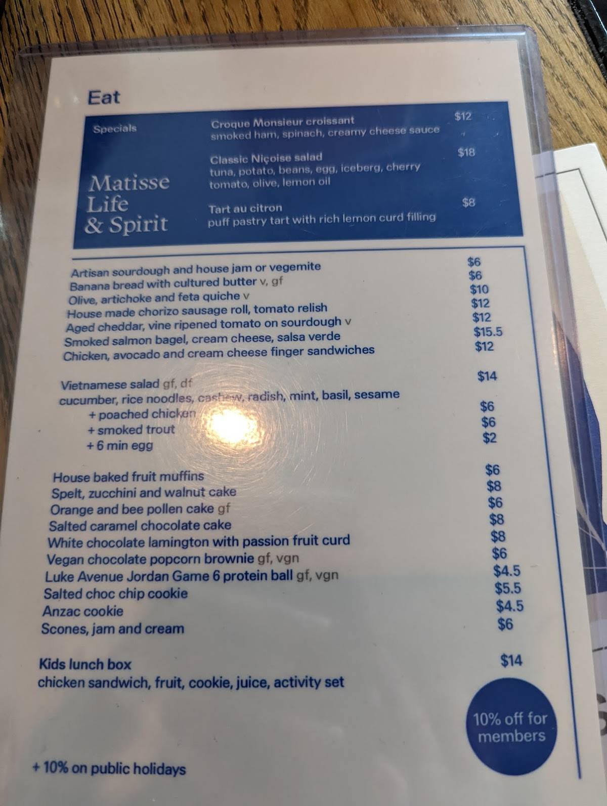Menu at The Gallery Cafe, Sydney