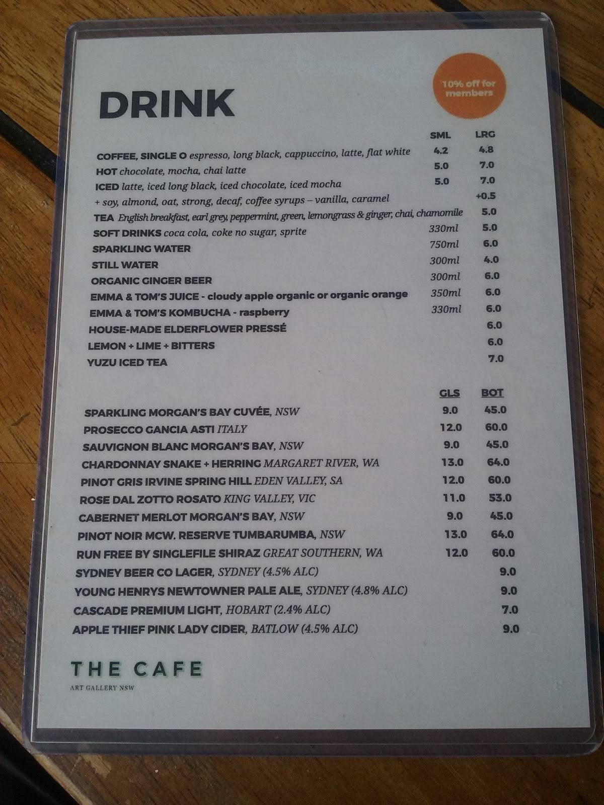 Menu at The Gallery Cafe, Sydney