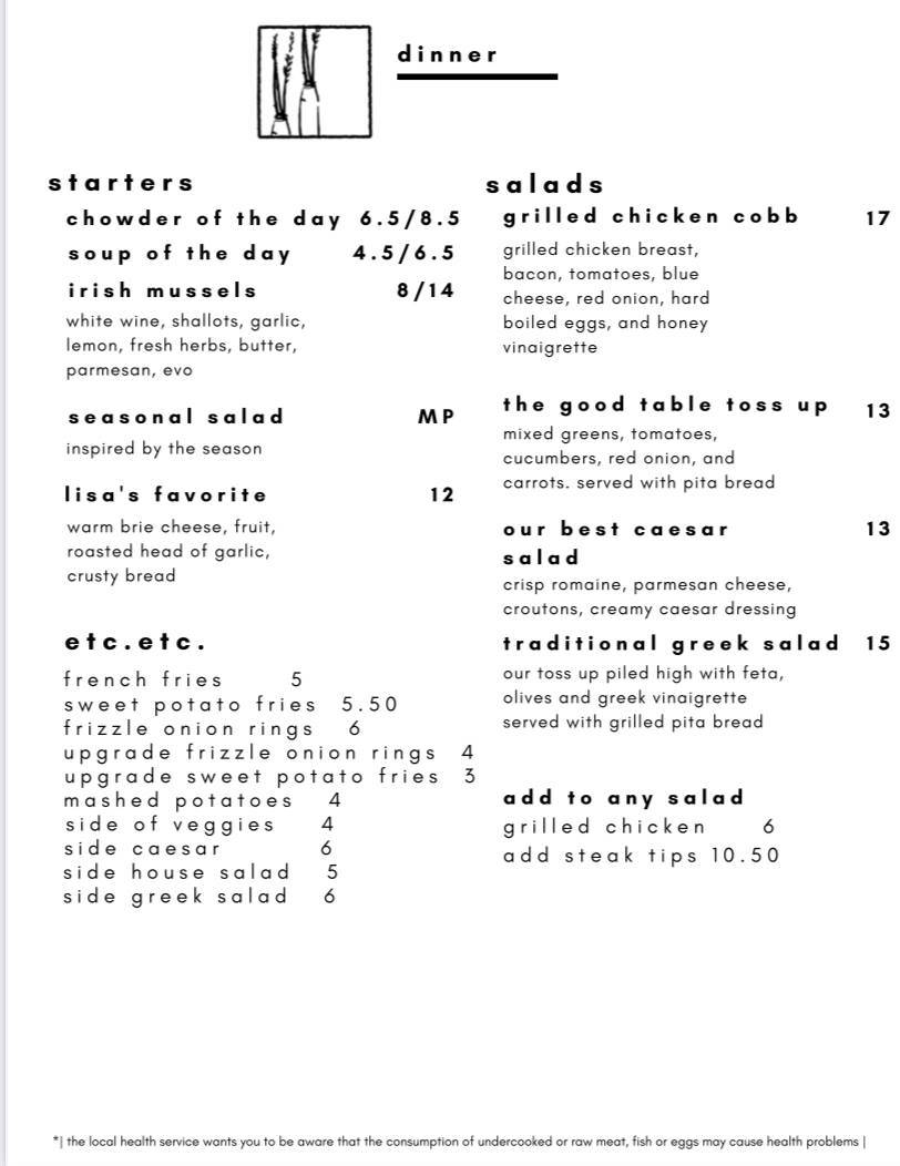 Menu at The Good Table restaurant, Cape Elizabeth