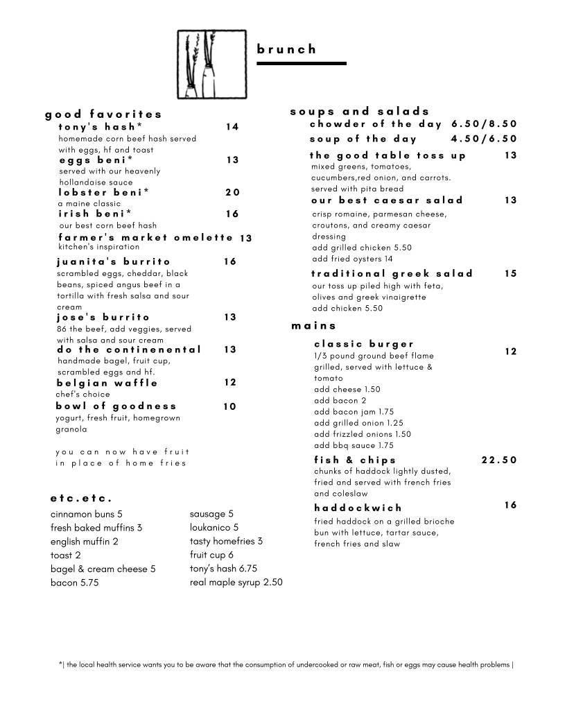 Menu at The Good Table restaurant, Cape Elizabeth