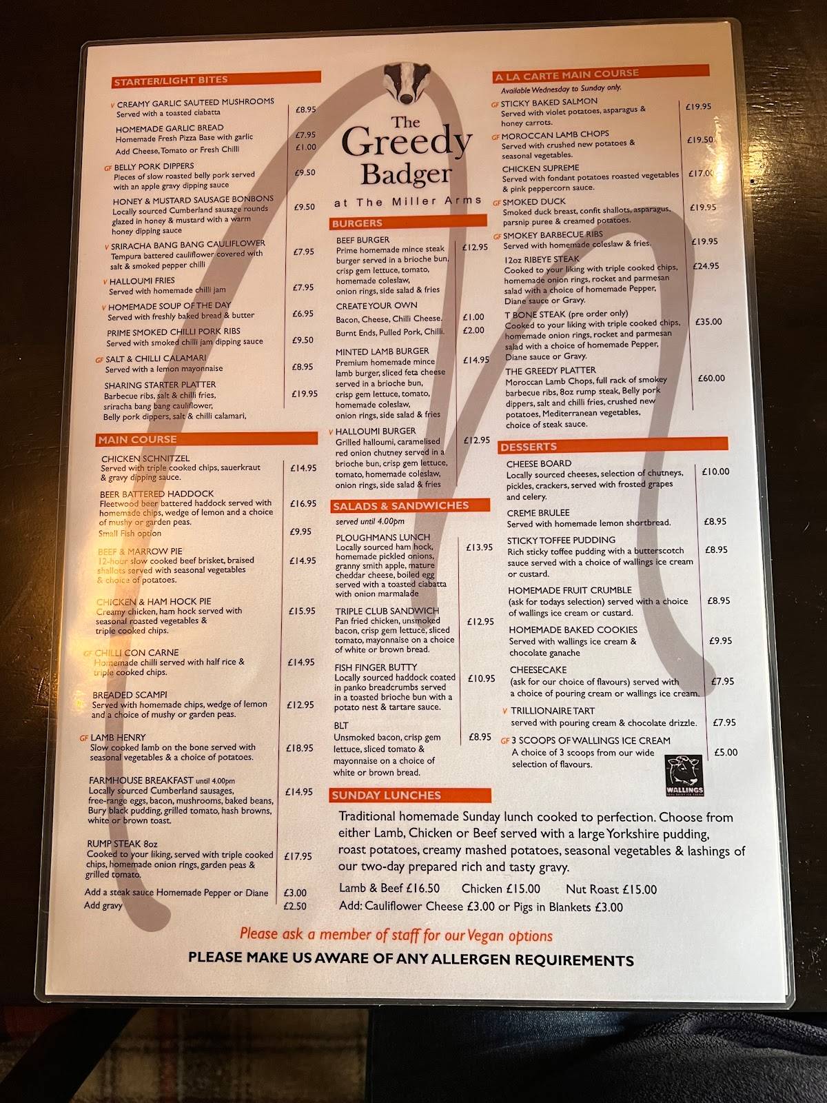 Menu at The Greedy Badger restaurant, Poulton-le-Fylde