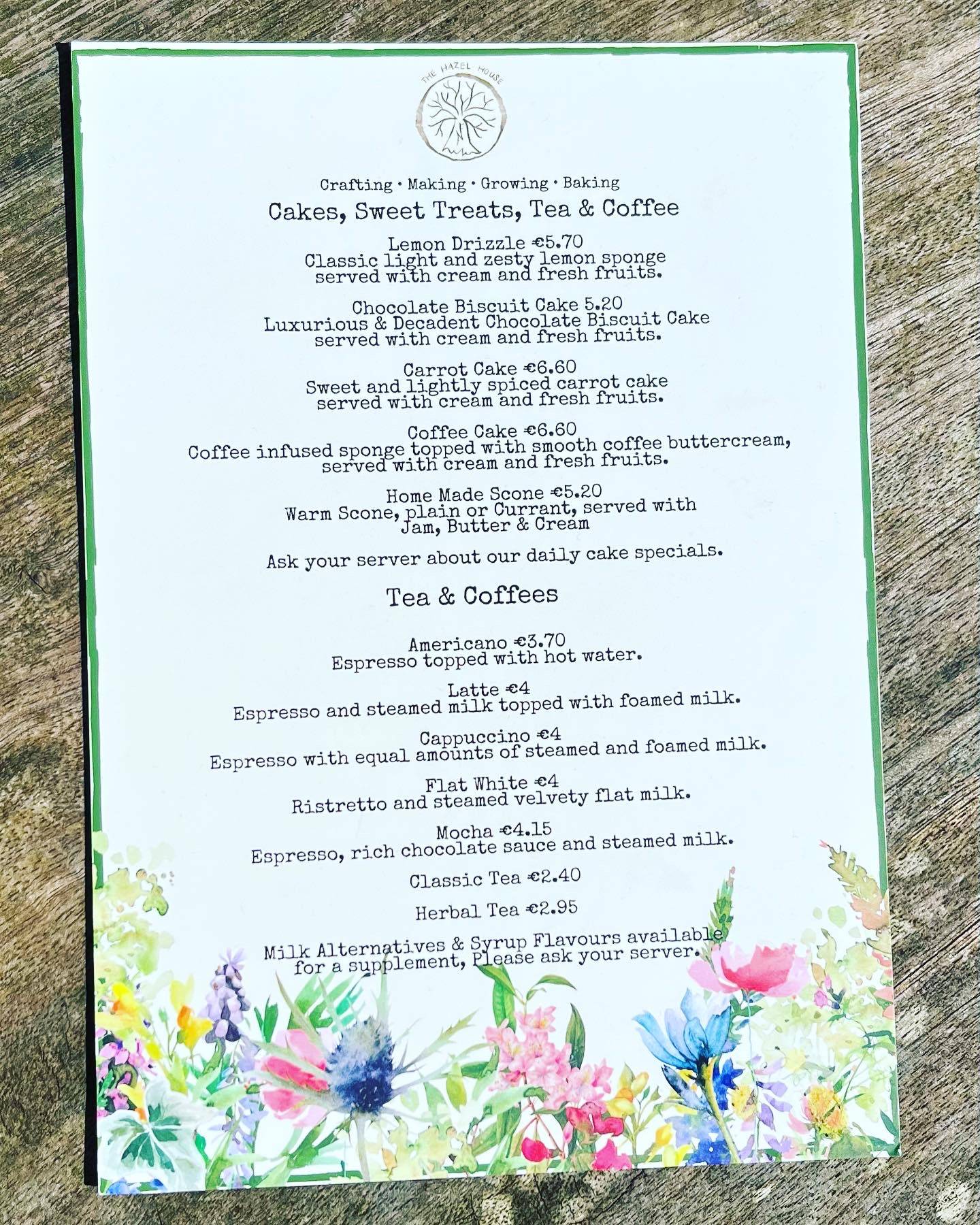 Menu at The Hazel House cafe, Dublin