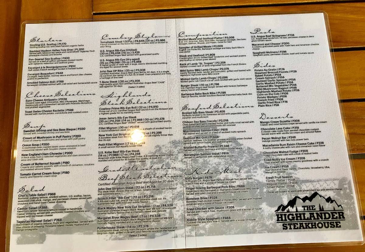 Menu at The Highlander Steakhouse, Tagaytay, 42MM+M7W