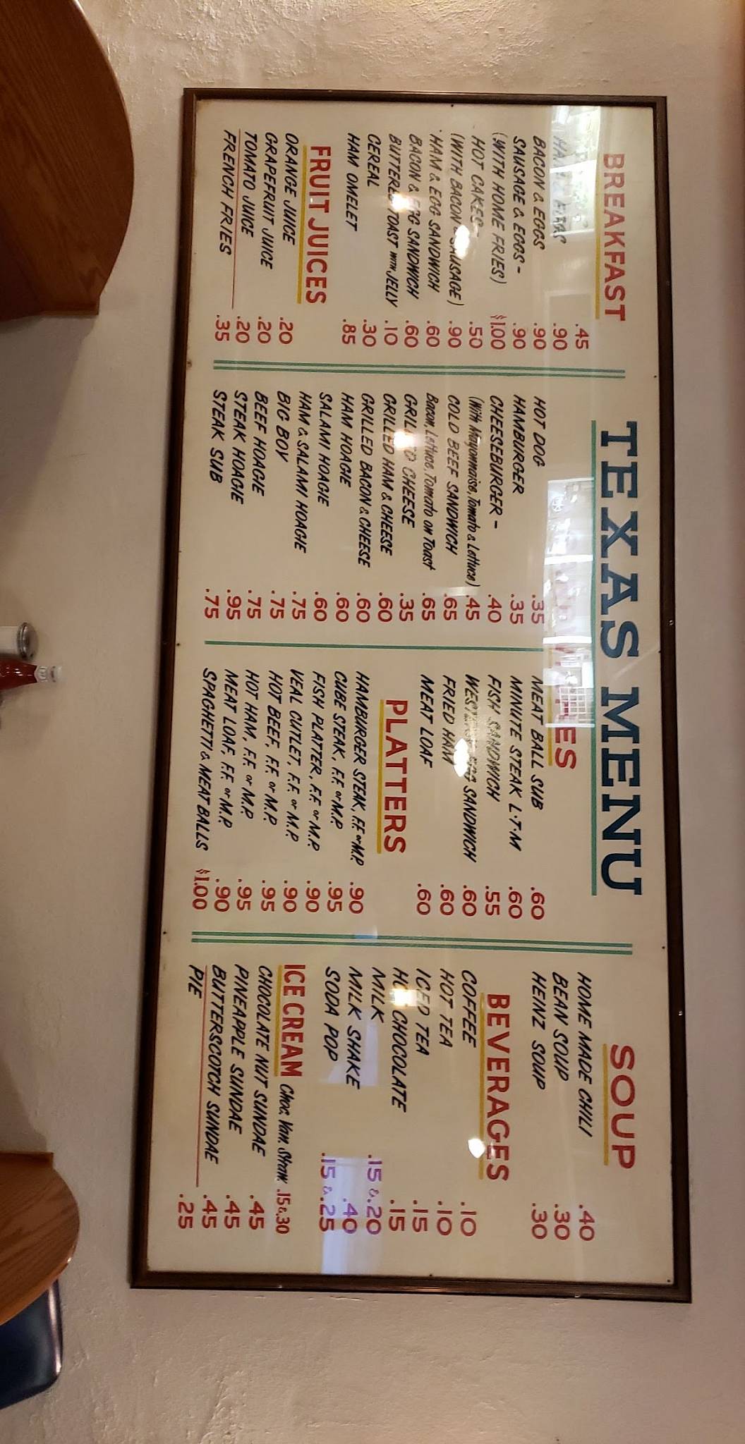 Menu at The Historic Texas Lunch restaurant, Chambersburg
