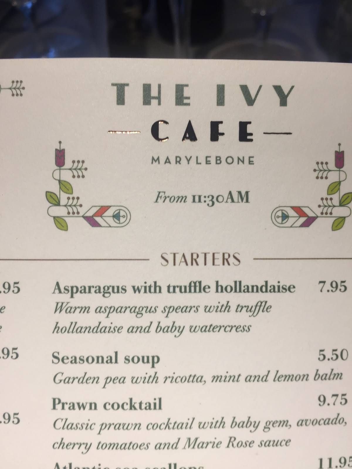 Menu at The Ivy Cafe Marylebone, London, 96 Marylebone Ln