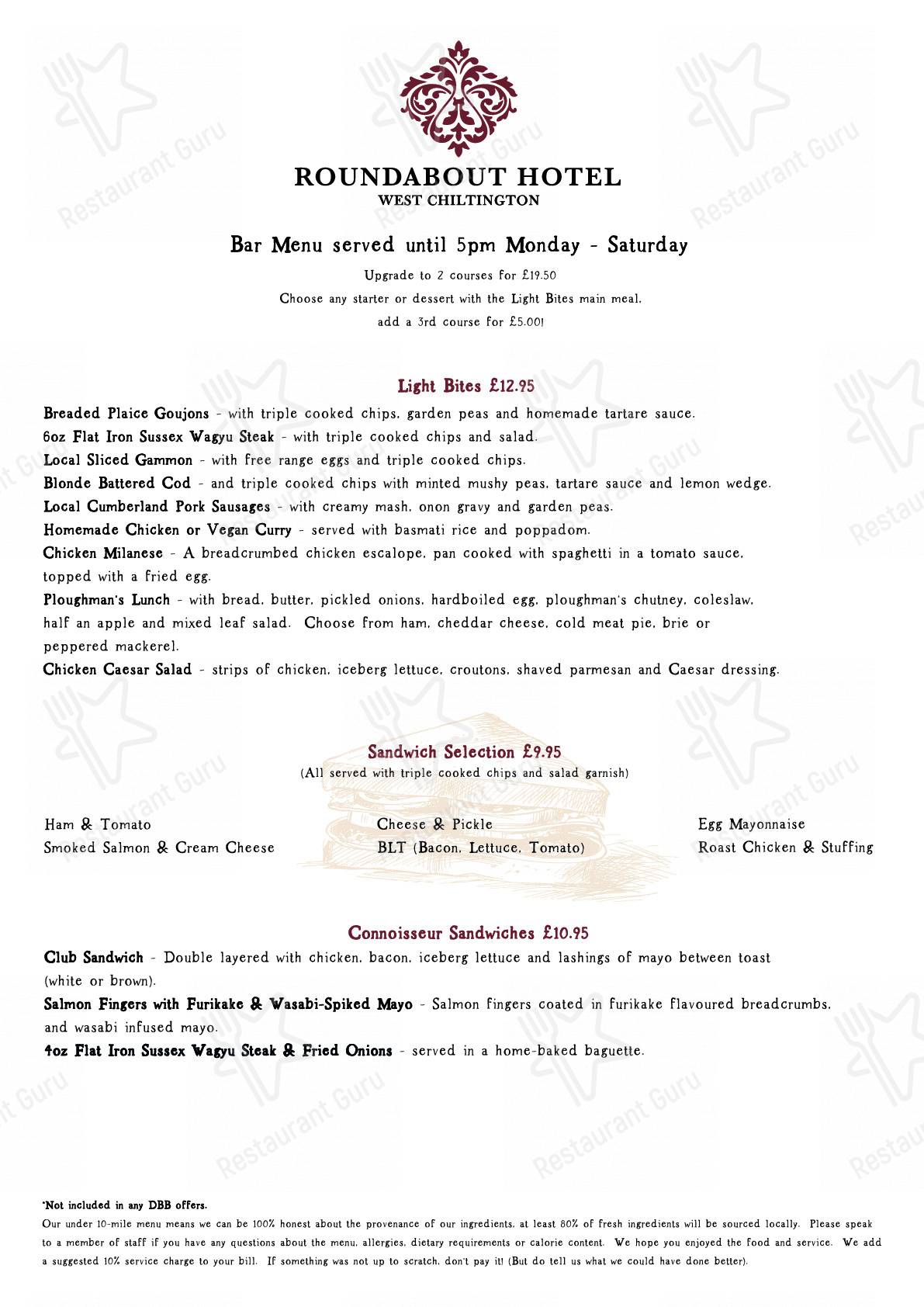 Menu at The Roundabout Hotel pub & bar, Storrington