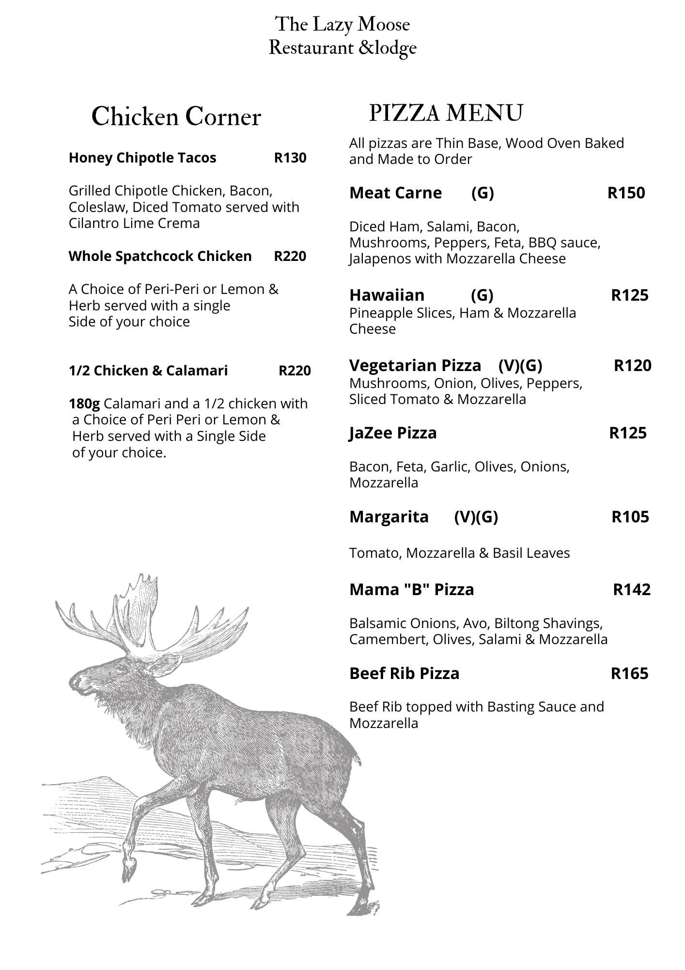 Menu at The Lazy Moose Restaurant & Lodge, Ezembeni