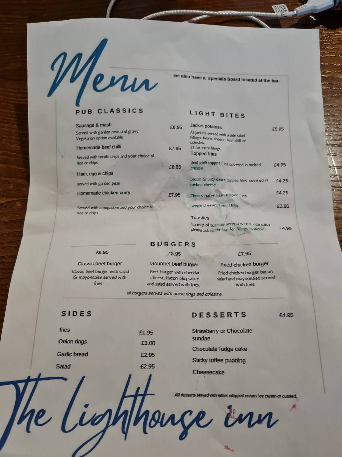 Menu at The Lighthouse pub & bar, Burnham-on-Sea