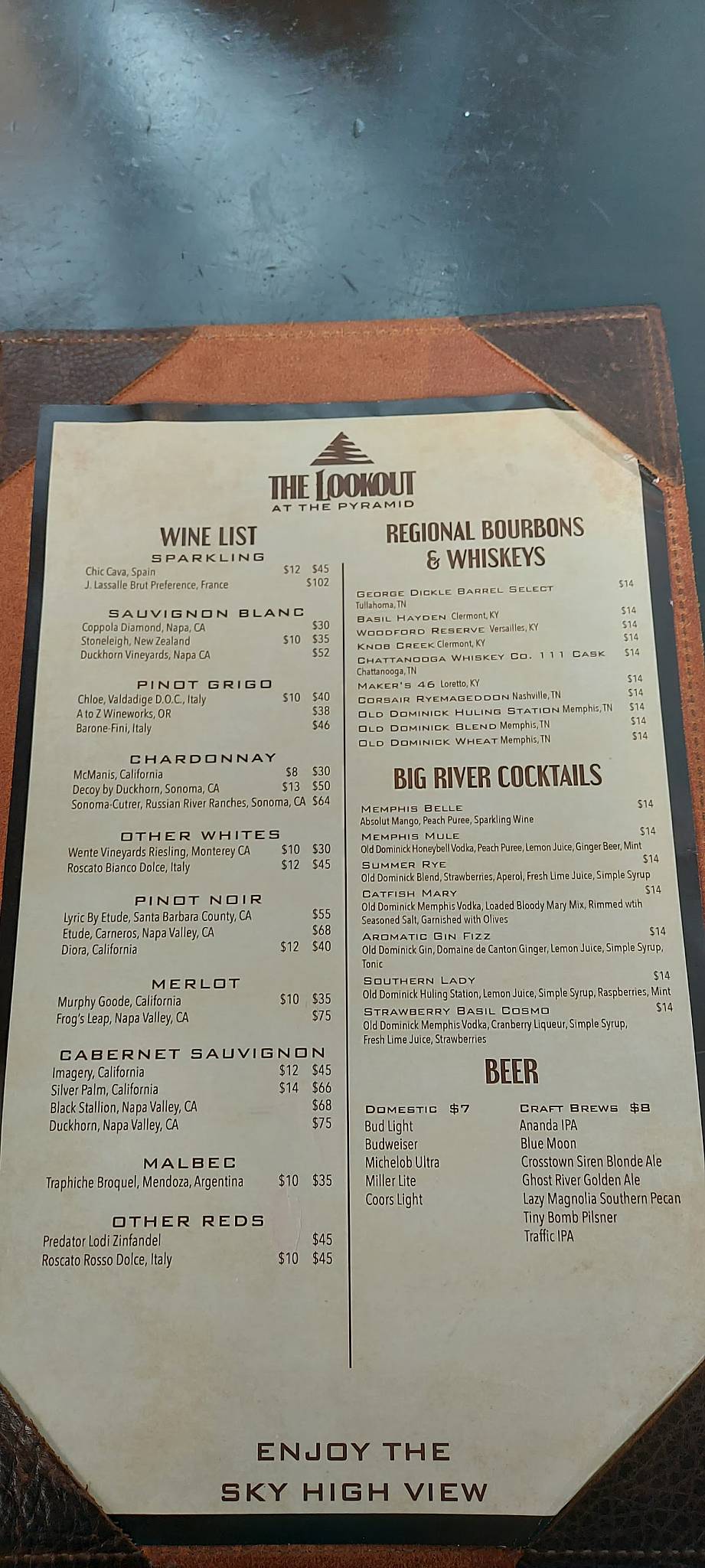 Menu at The Lookout at the Pyramid pub & bar, Memphis