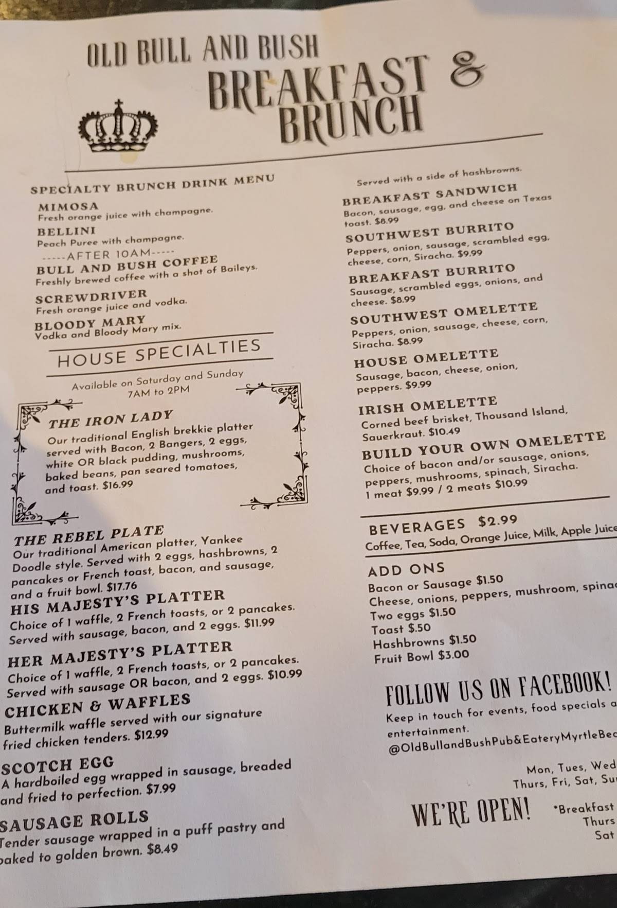 Menu at The Old Bull and Bush Pub and Eatery, Myrtle Beach