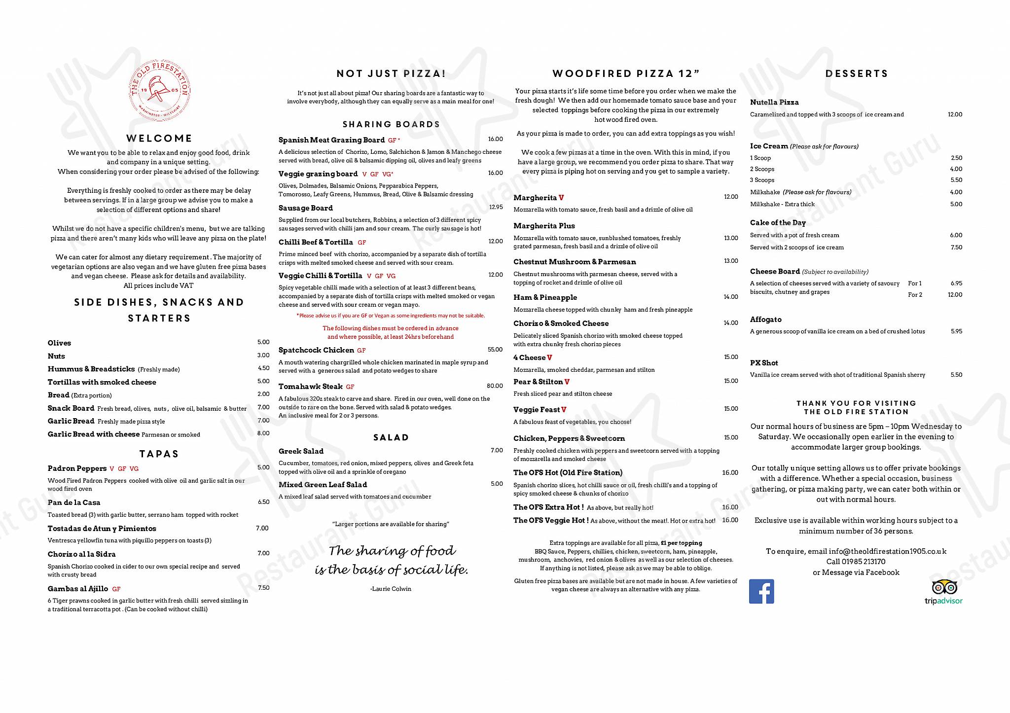 Menu at The Old Fire Station, Warminster pub & bar, Warminster