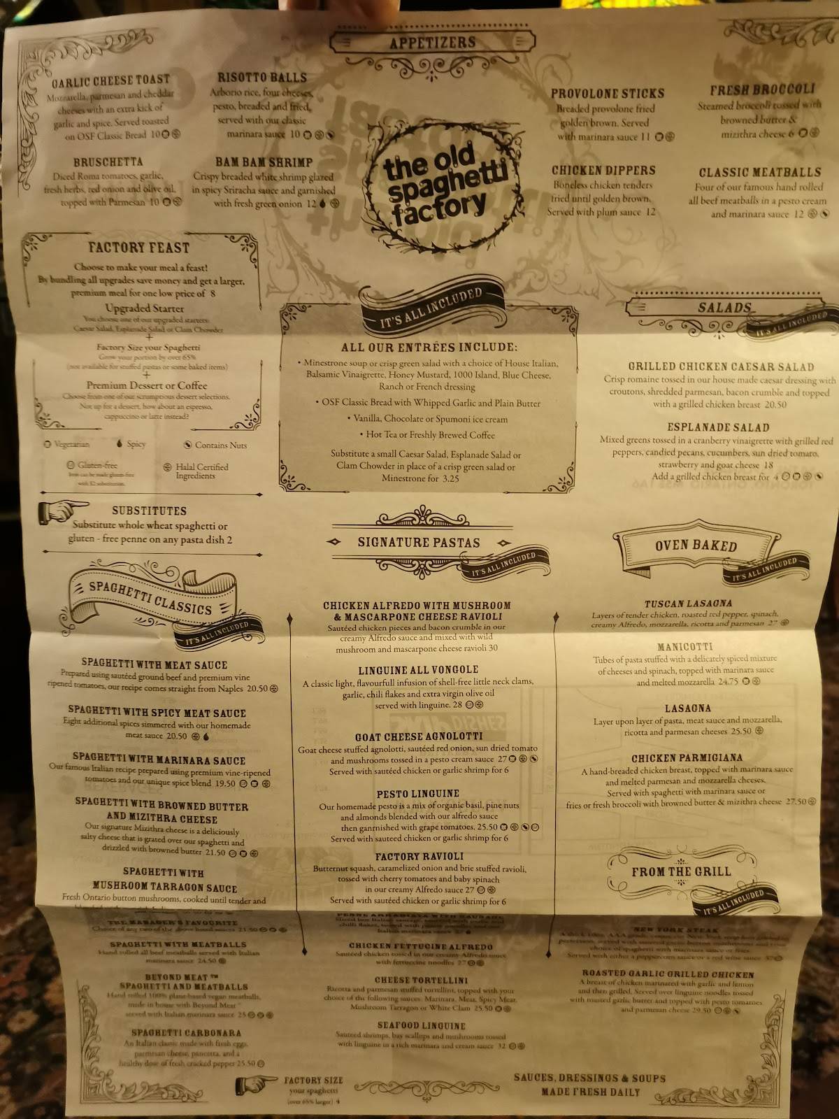 Menu at The Old Spaghetti Factory restaurant, Toronto, 54 The Esplanade