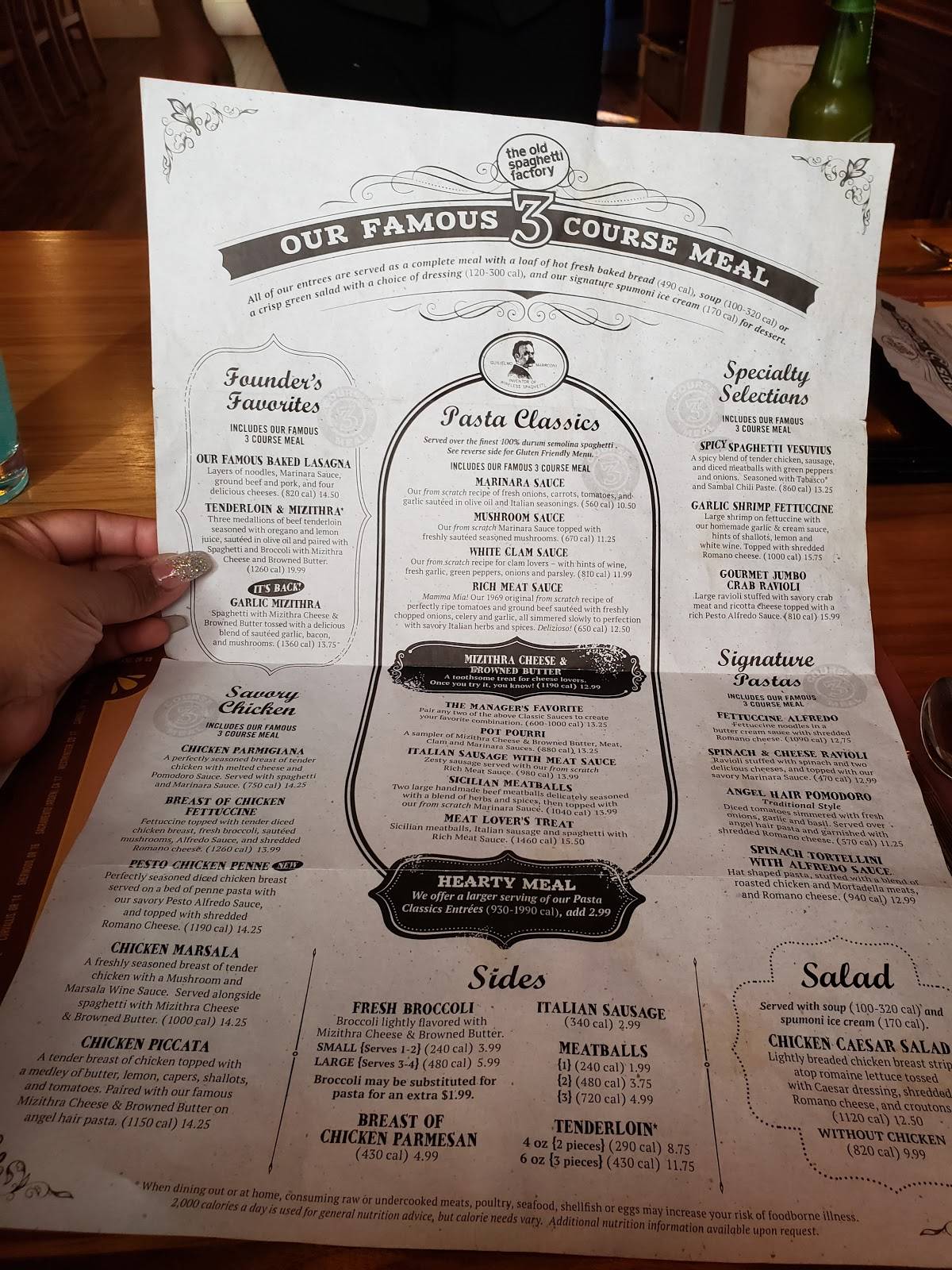 Menu at The Old Spaghetti Factory restaurant, Carmel