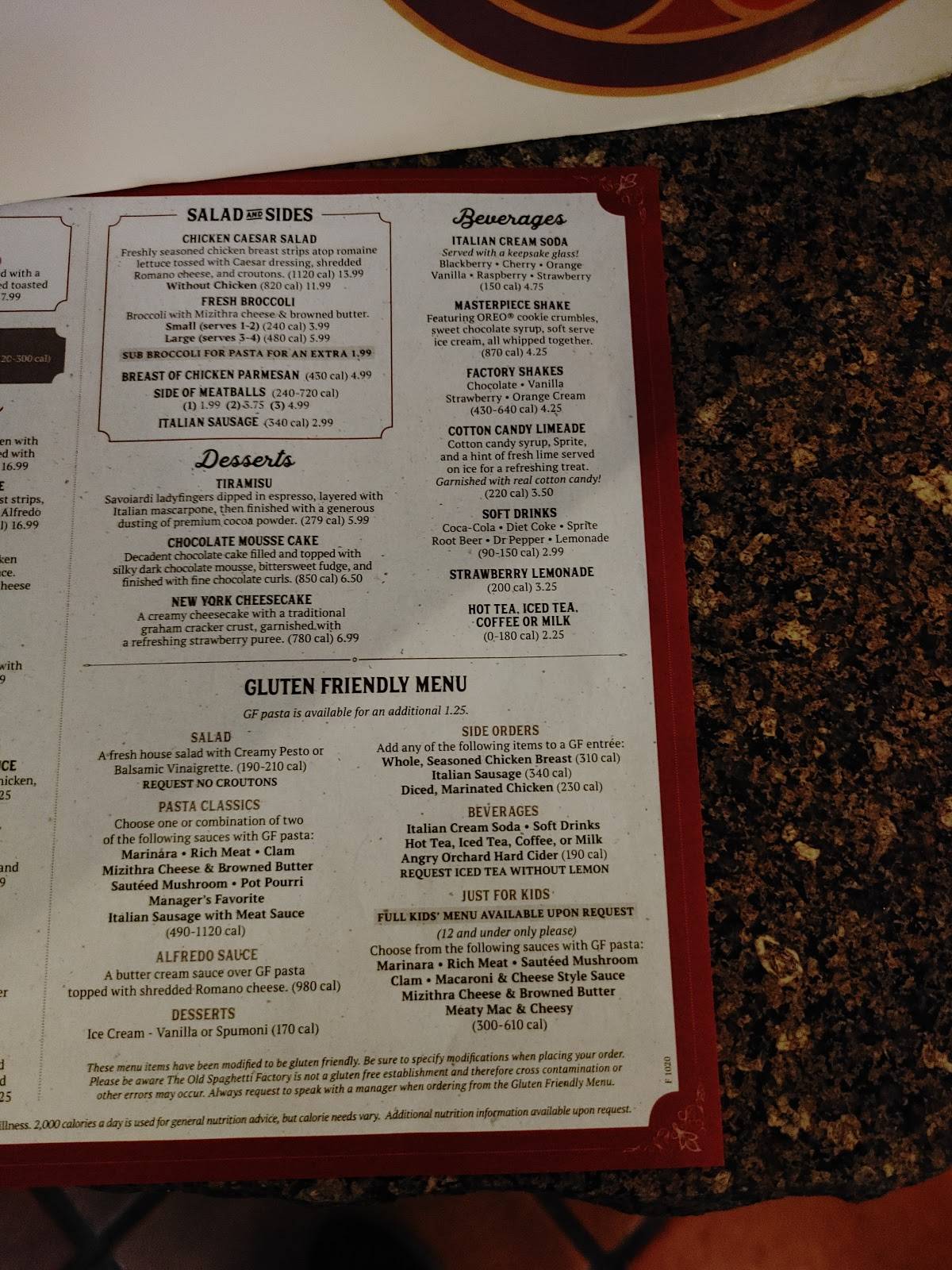 Menu at The Old Spaghetti Factory restaurant, Rancho Cordova, Folsom Blvd