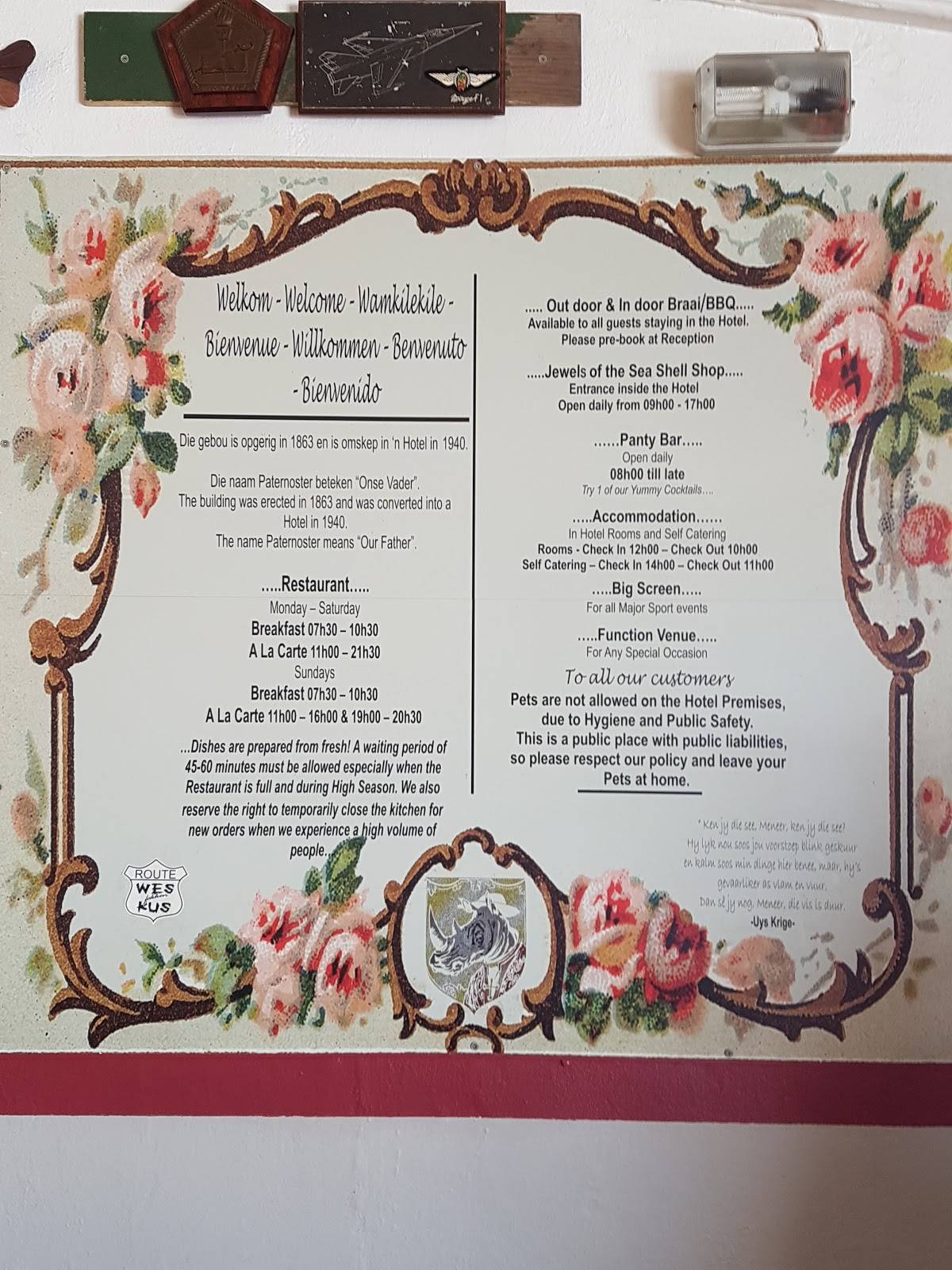 Menu at The Panty Bar, Paternoster