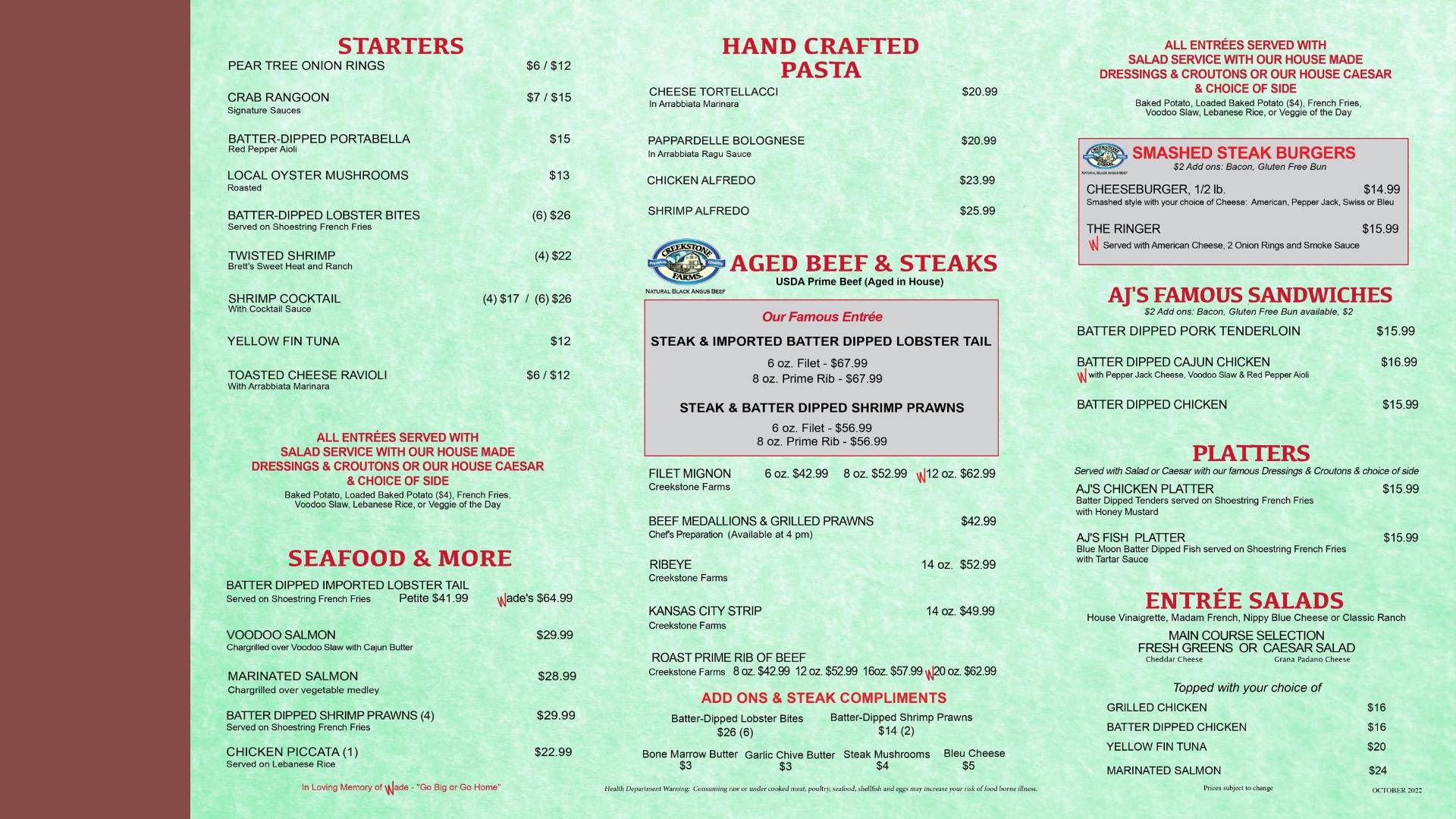 Menu at The Pear Tree steakhouse, Macon