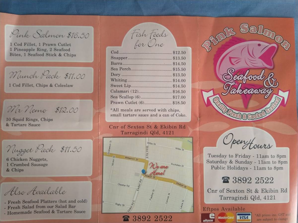 Menu at The Pink Salmon fast food, Tarragindi