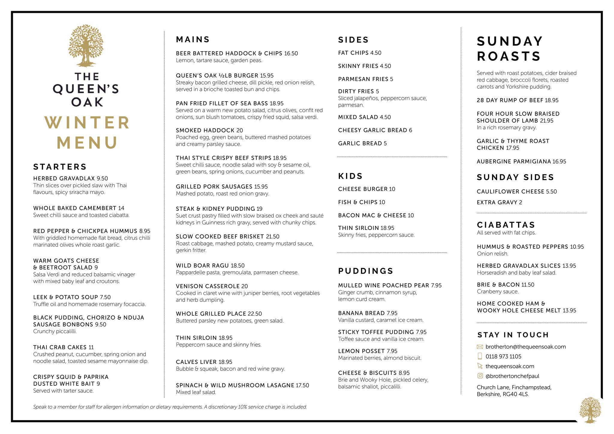 Menu at The Queens Oak pub & bar, Finchampstead