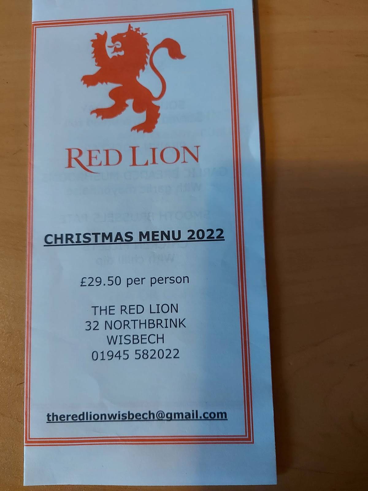 Menu at The Red Lion restaurant, Wisbech