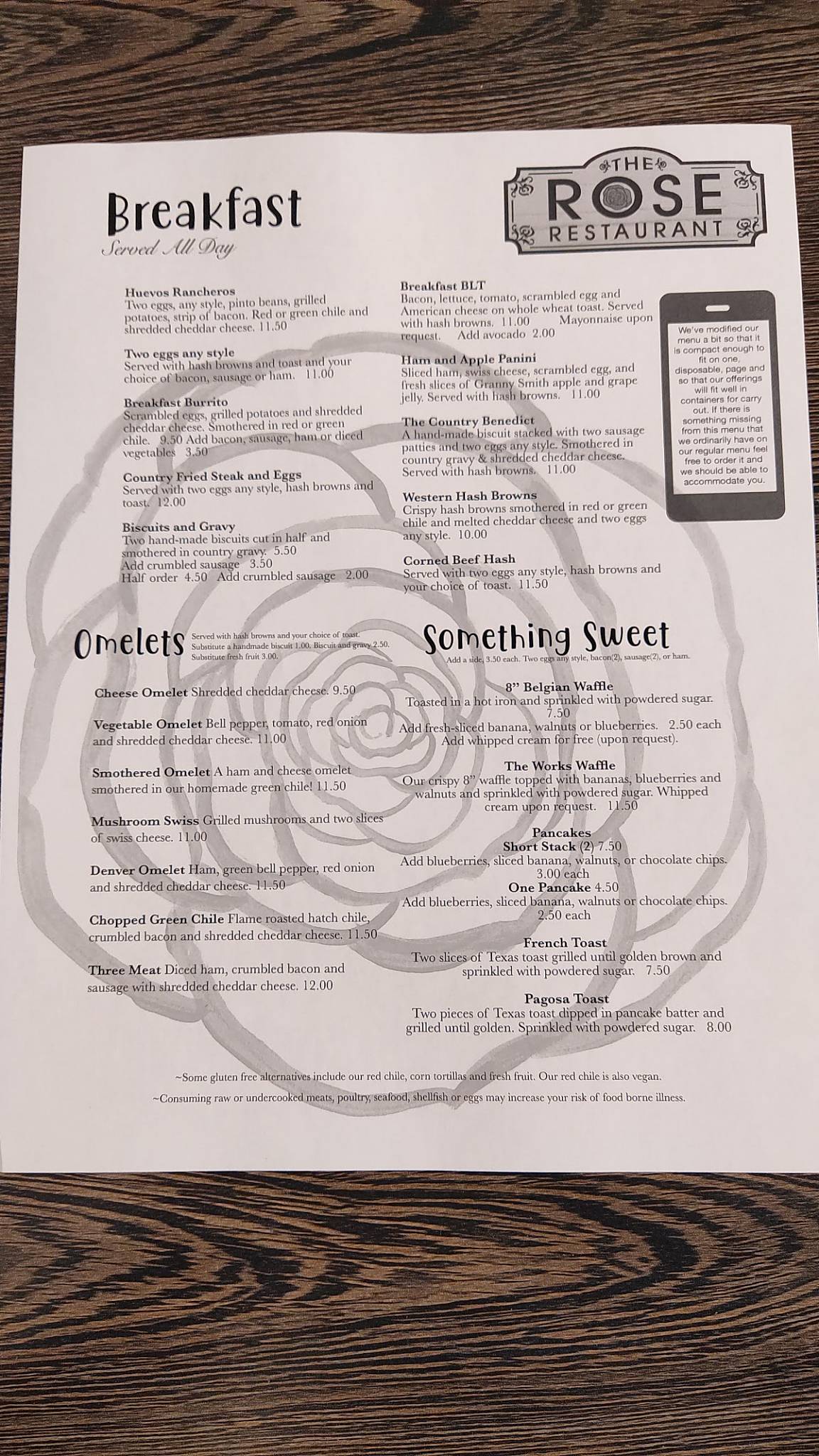 Menu at The Rose cafe, Pagosa Springs, 408 Pagosa St
