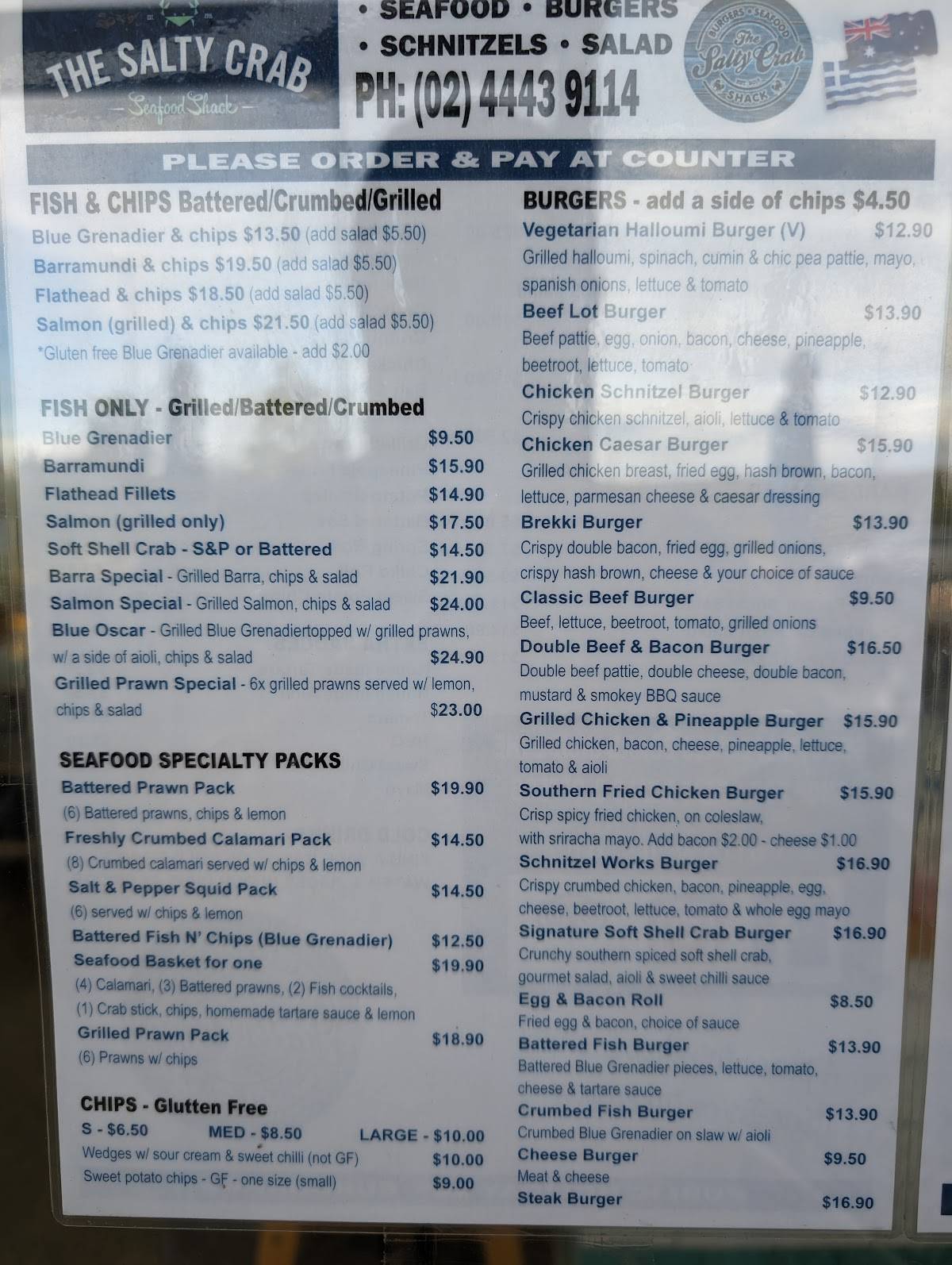 Menu at The Salty Crab restaurant, Vincentia