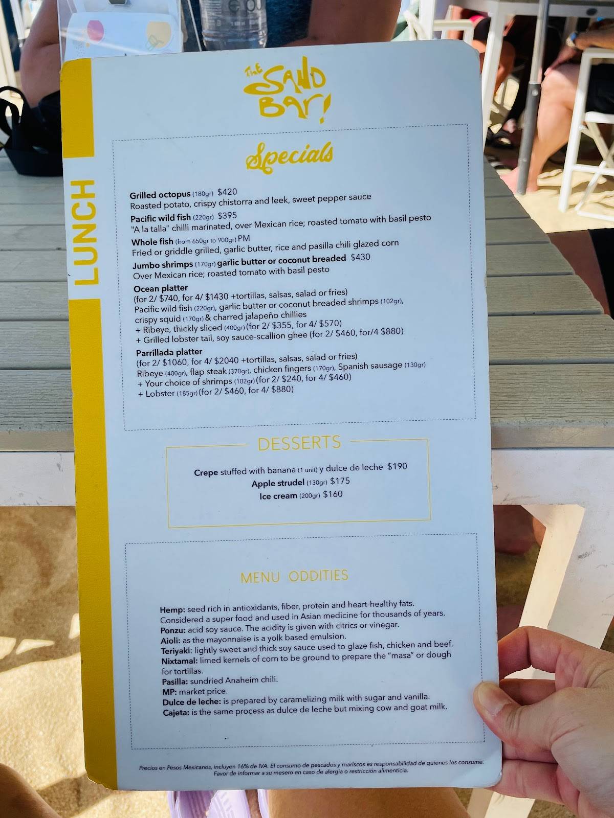 Menu at The Sand Bar, Cabo San Lucas, Calle Cormonares SN El