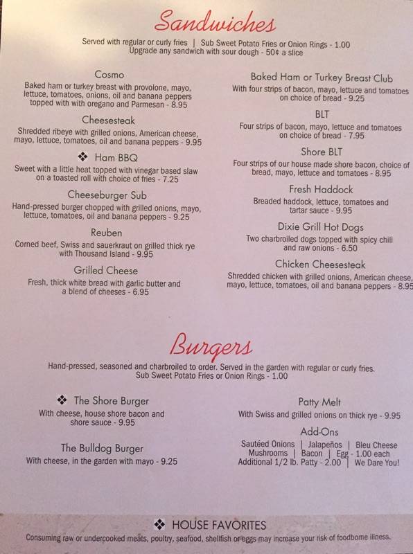 Menu at The Shore Diner restaurant, Jersey Shore