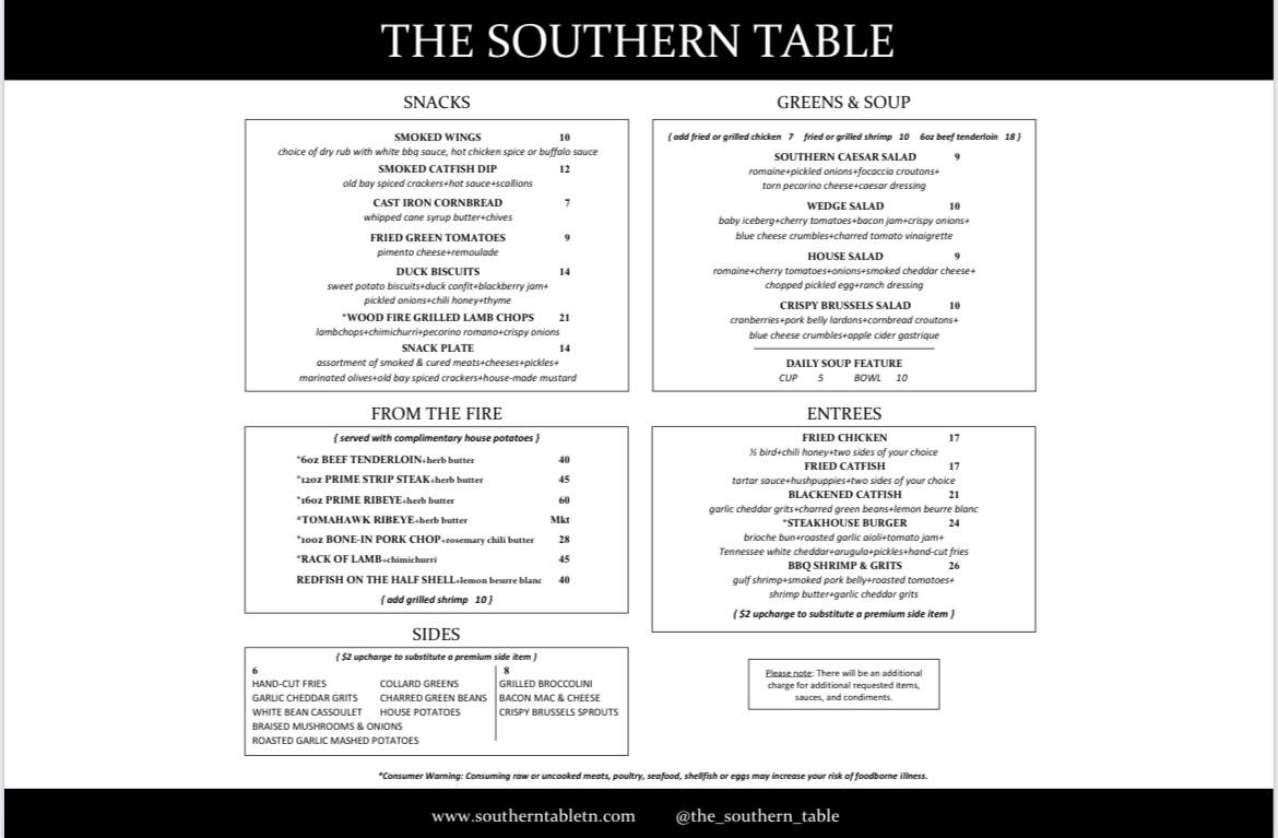 Menu at The Southern Table restaurant, Pulaski