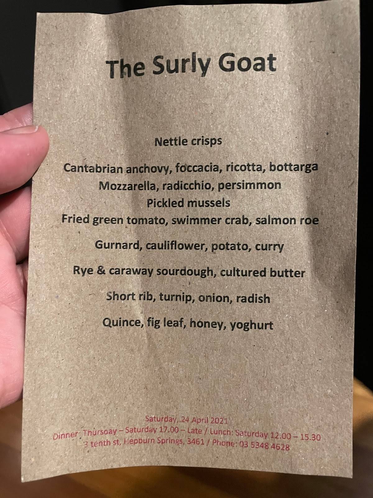 Menu at The Surly Goat restaurant, Hepburn Springs