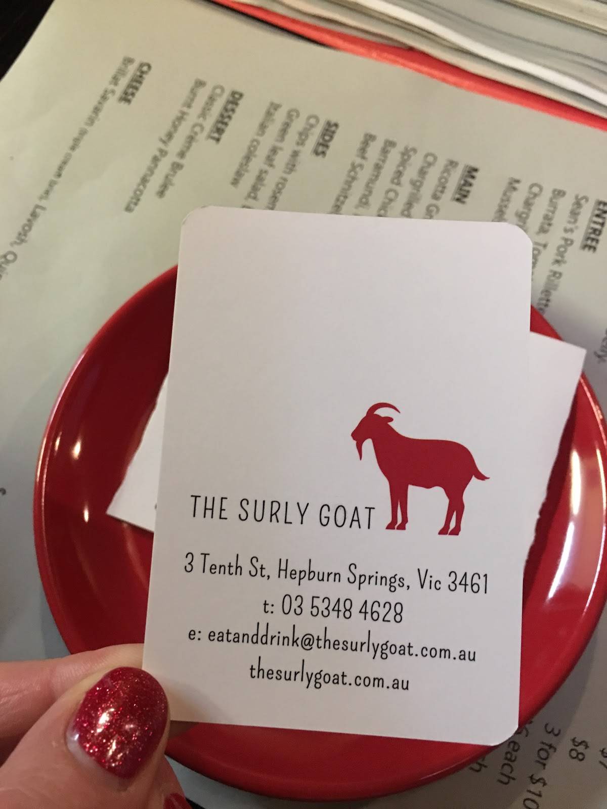 Menu at The Surly Goat restaurant, Hepburn Springs